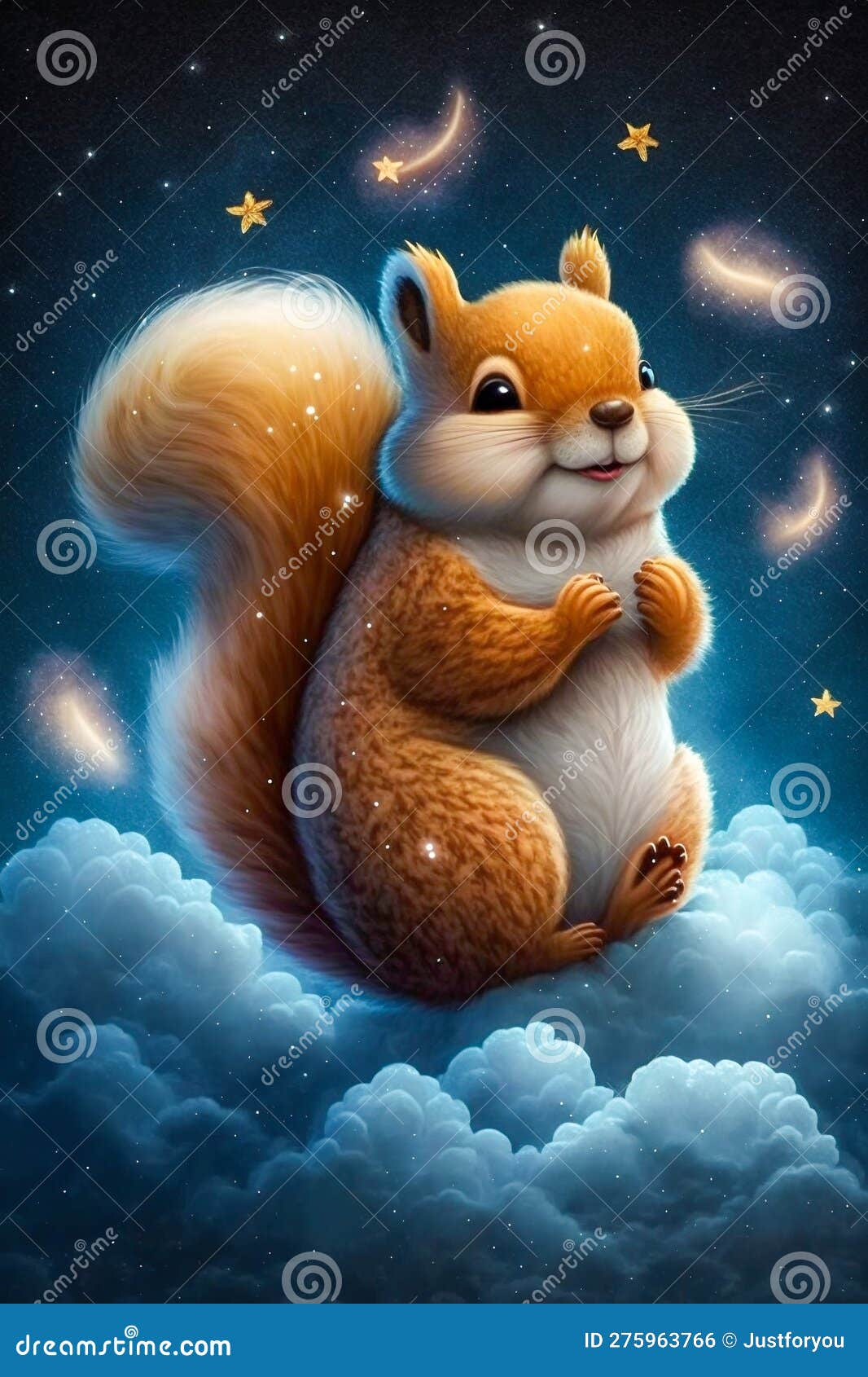 Smiling Cute Squirrel on Cloud with Starry Sky. Generative Ai Stock ...
