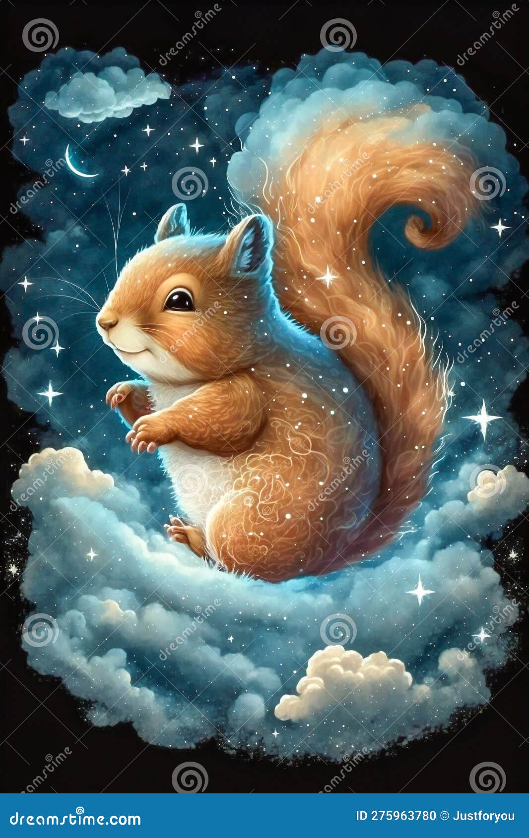 Smiling Cute Squirrel on Cloud with Starry Sky. Generative Ai Stock ...