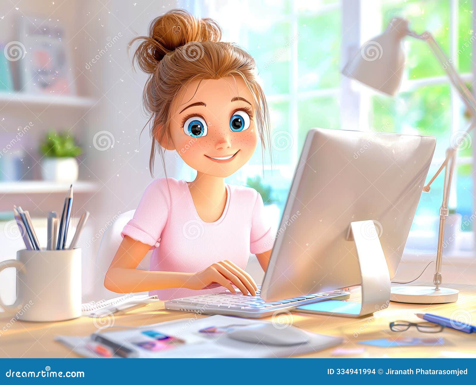Smiling 3D Cartoon Girl Using Computer Stock Illustration ...