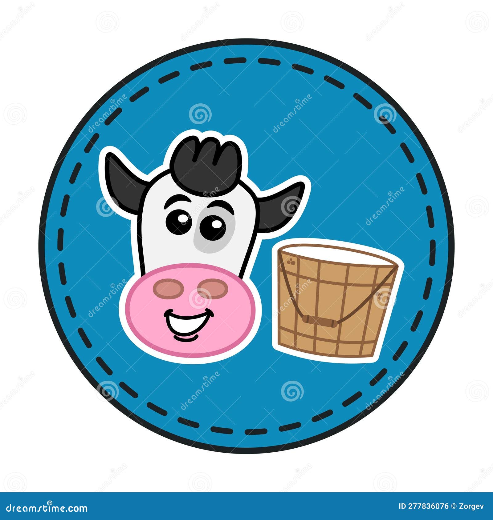 Smiling Dairy Cow Head with Bucket Filled with Fresh Milk in Blue ...