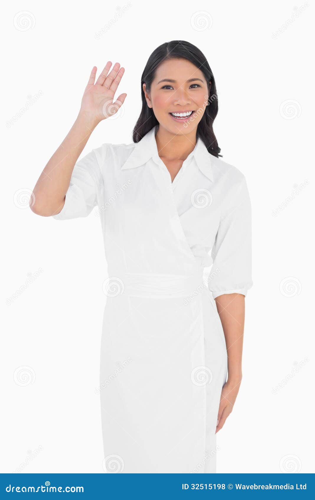 Smiling Dark Haired Model with Classy Dress Greeting Stock Photo ...