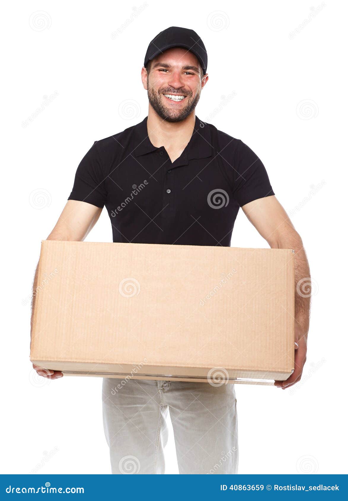 Smiling Delivery Man Giving Cardbox Stock Image - Image of person ...