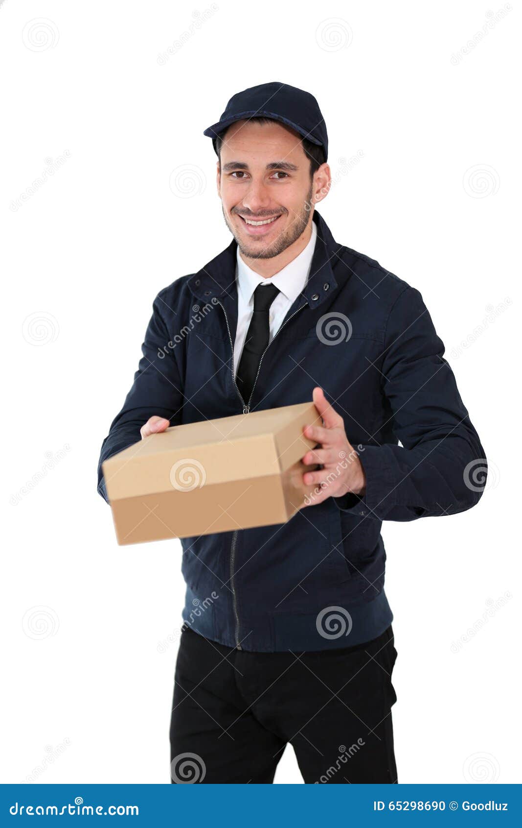 Smiling Delivery Man with Package Stock Photo - Image of service ...