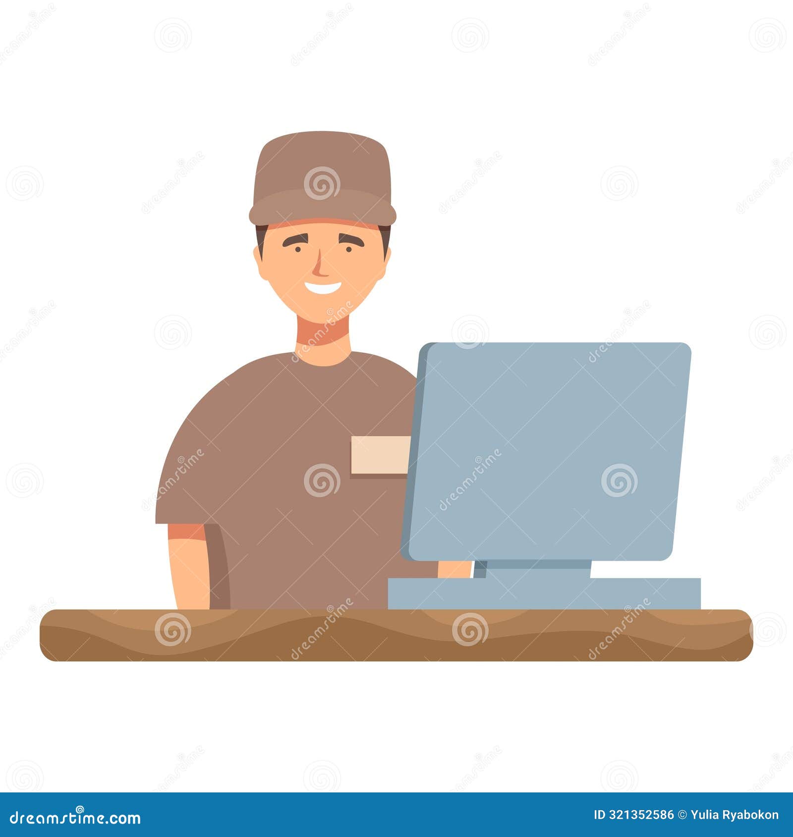 Smiling Delivery Man Sitting at Desk Using Desktop Computer Stock ...