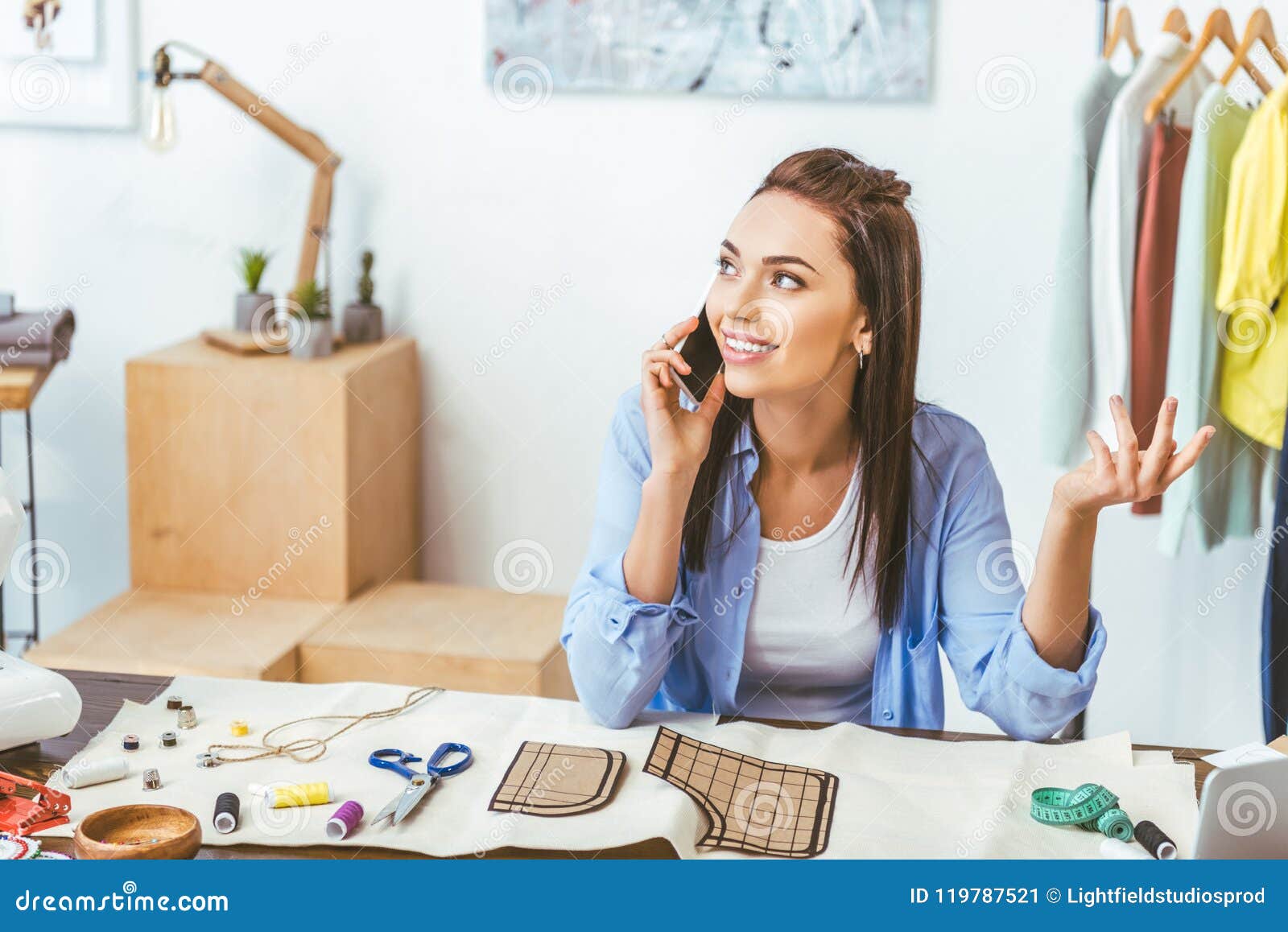Smiling Designer Talking by Smartphone at Working Stock Image - Image ...