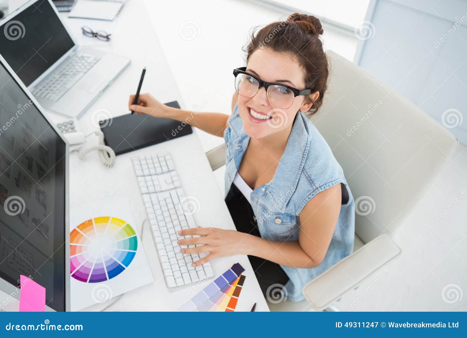 Smiling Designer Using Computer and Digitizer Stock Image - Image of ...