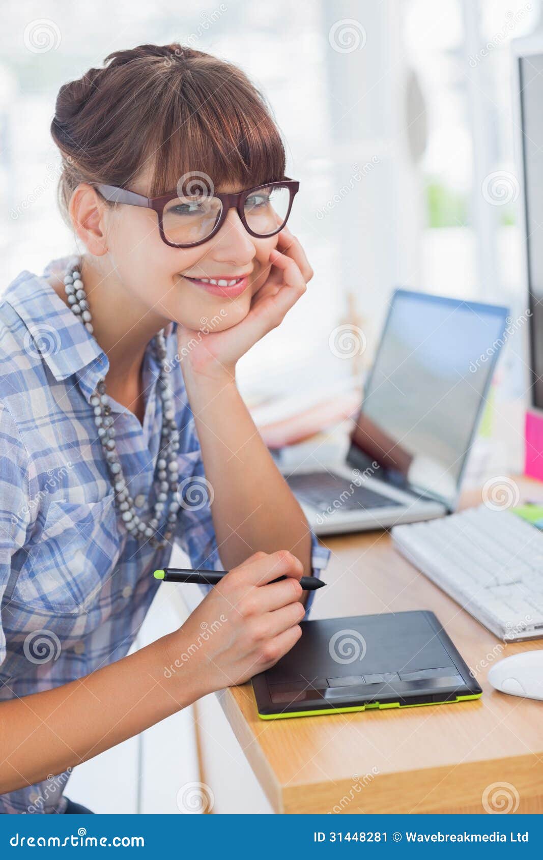 Smiling Designer Working On Graphics Tablet Stock Image Image Of Hair