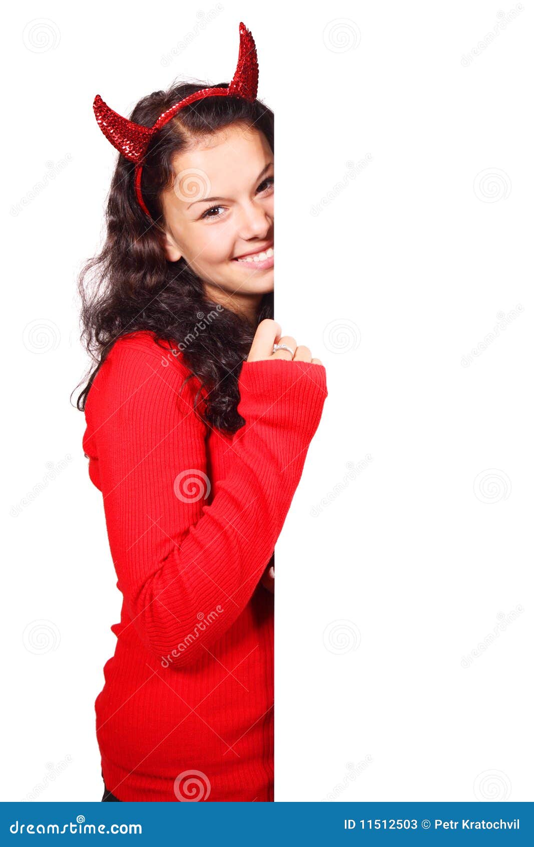 Smiling Devil Behind White Board Stock Image - Image of girl, woman ...
