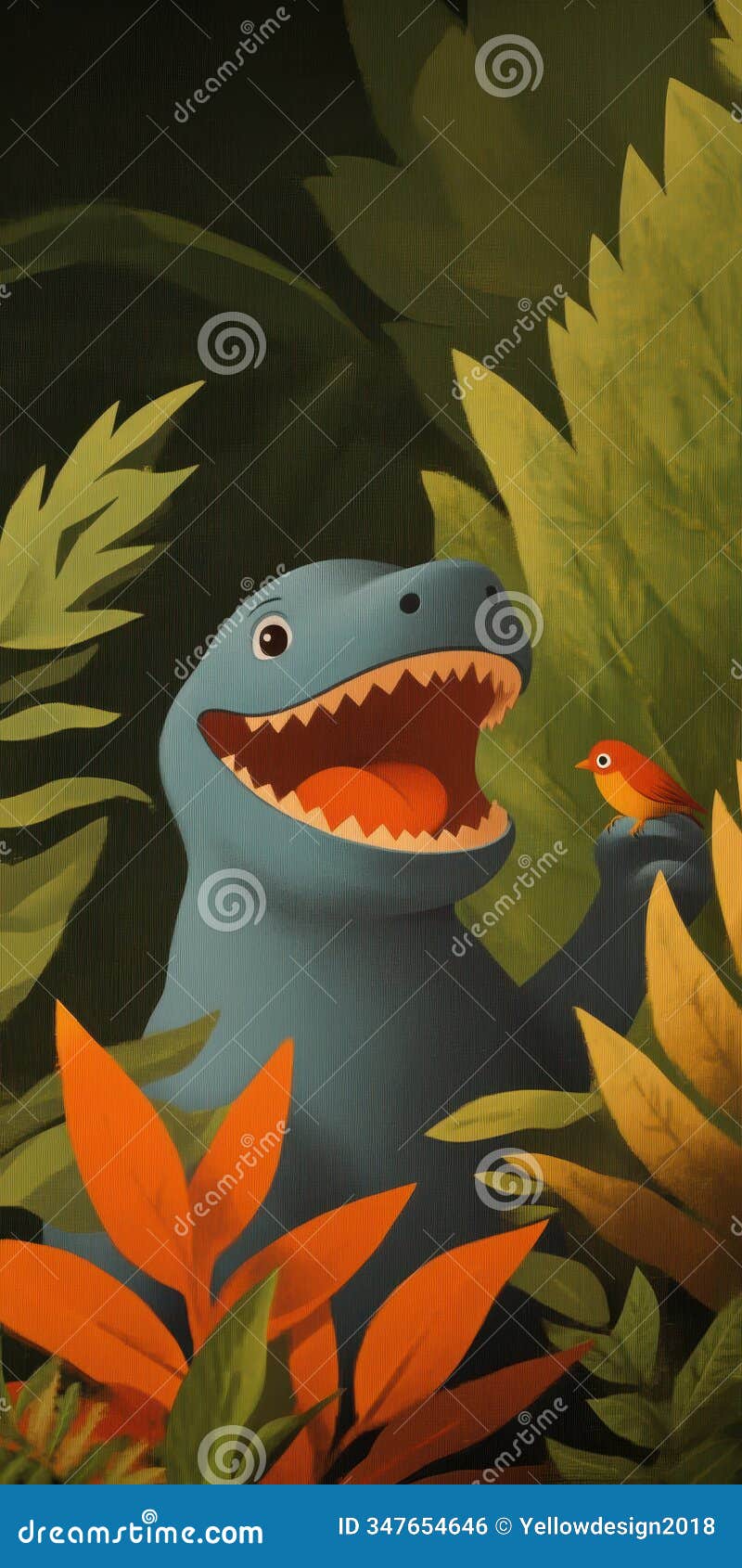 Smiling Dinosaur with Bird in Lush Foliage Illustration Stock Photo ...