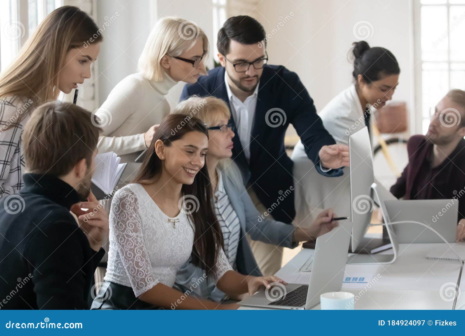 Smiling Diverse Business People Working in Small Groups on Project ...