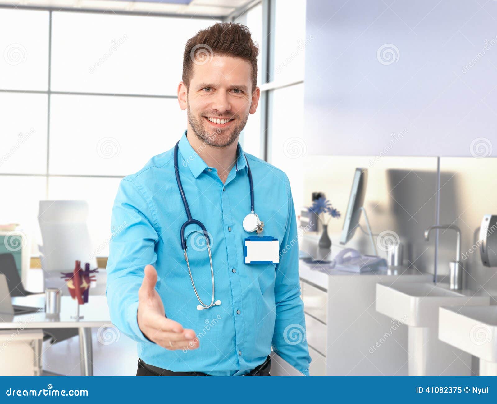 Smiling Doctor Offering Hand in Exam Room Stock Image - Image of alone ...