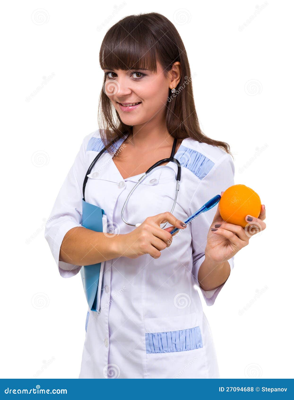 Smiling doctor with orange stock photo. Image of face - 27094688