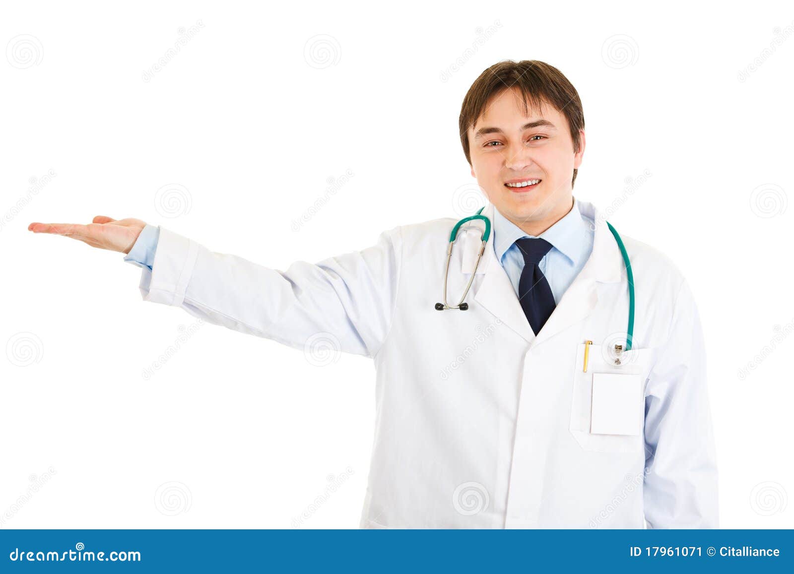 Smiling Doctor Presenting Something on Empty Hand Stock Image - Image ...
