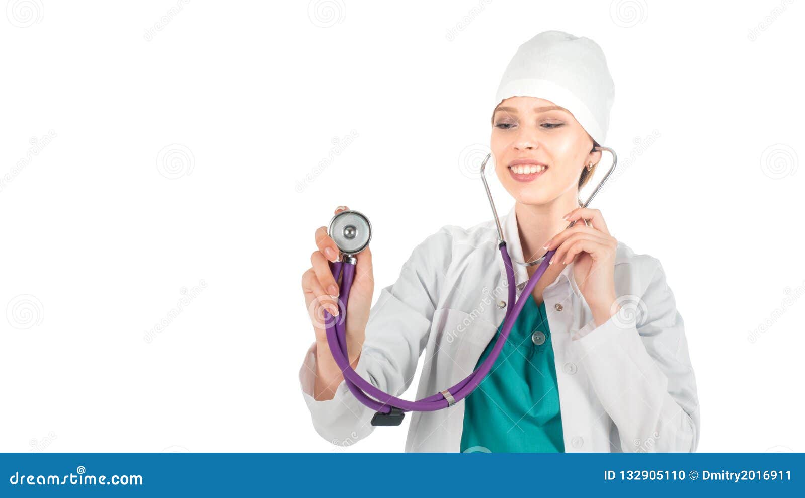 Smiling Doctor Using Stethoscope Isolated on White. Stock Photo - Image ...