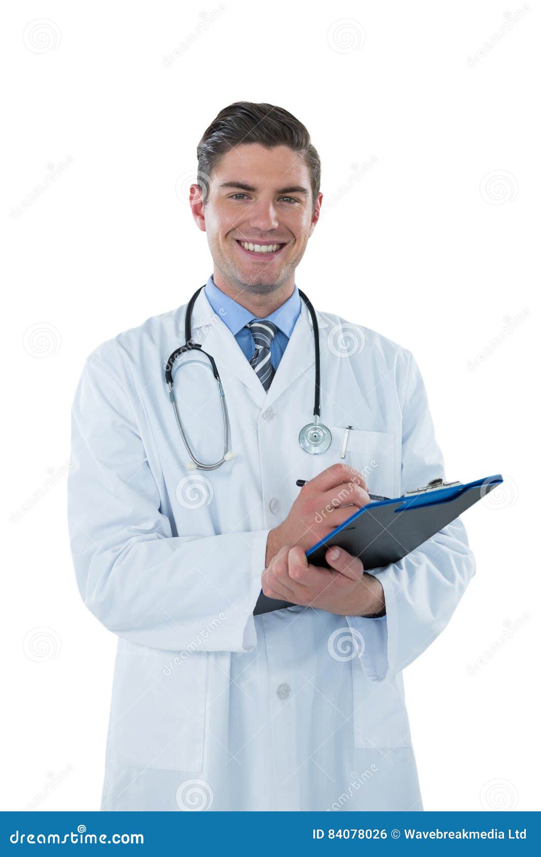 Smiling Doctor Writing with Pen on Clipboard Stock Photo - Image of ...