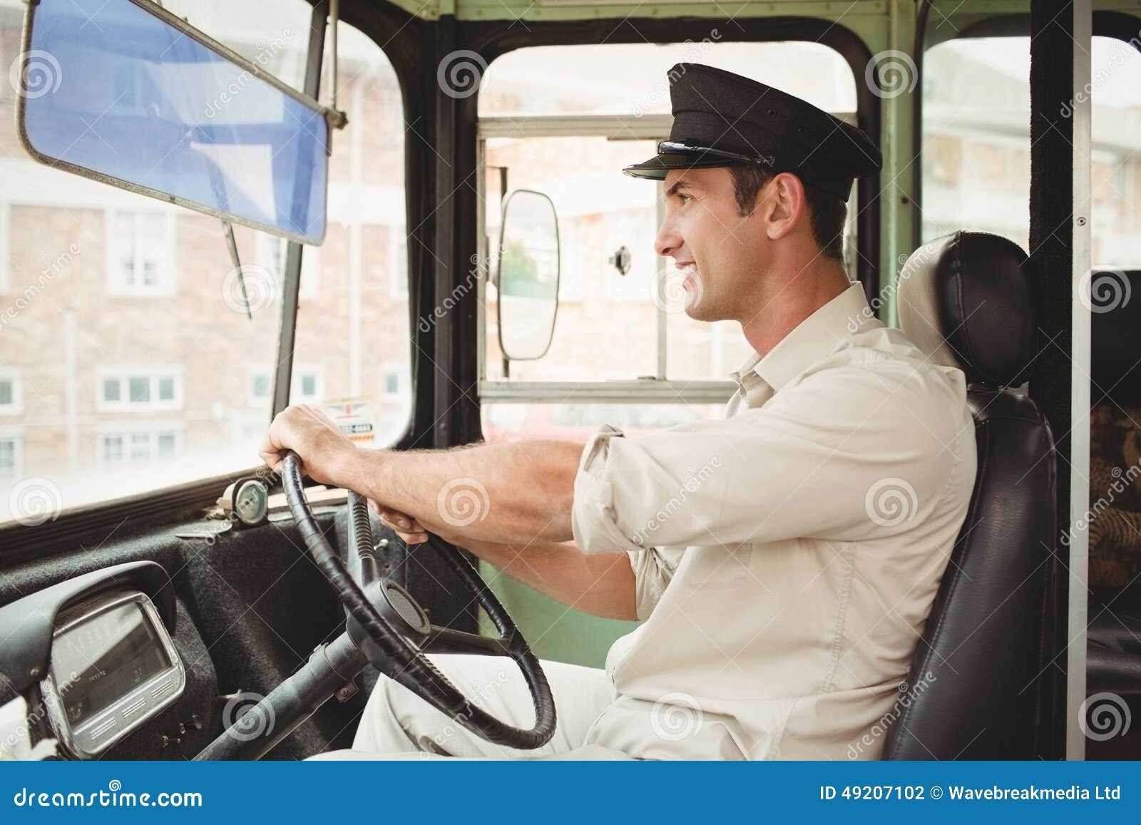 Smiling Driver Driving the School Bus Stock Photo - Image of urban ...