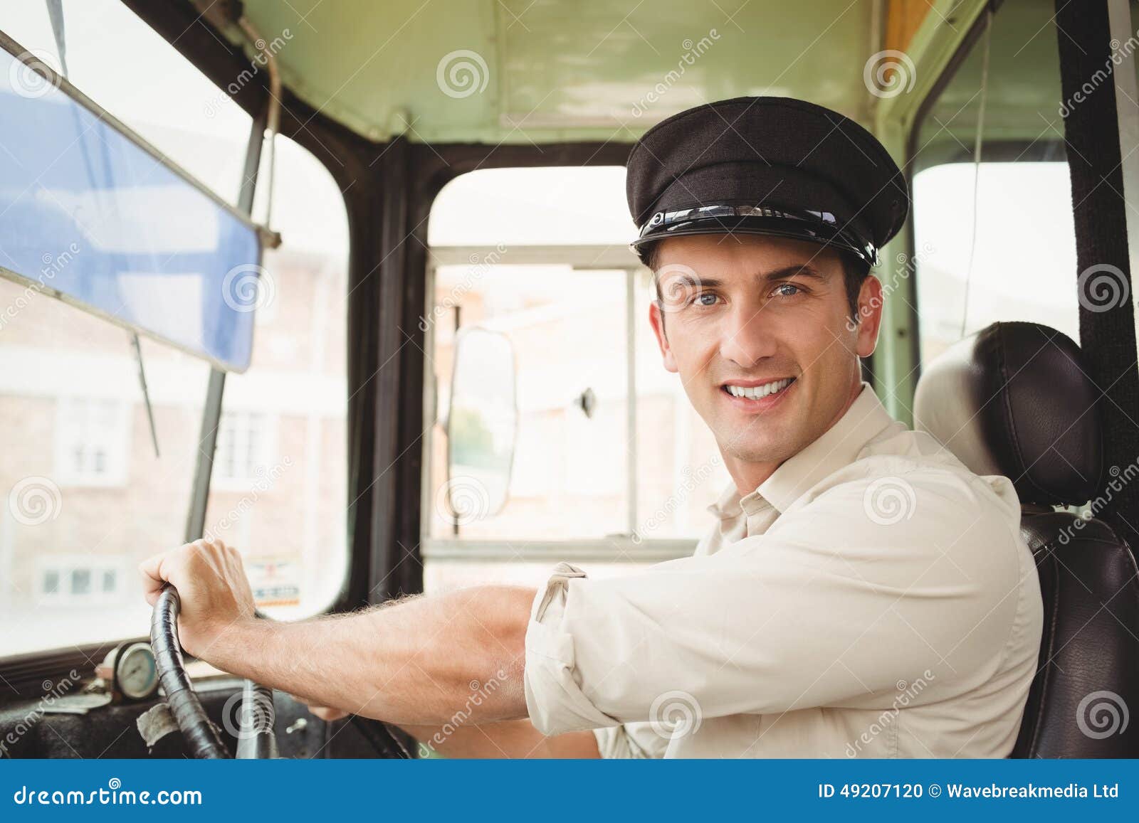 Smiling Driver Driving the School Bus Stock Photo - Image of elementary ...