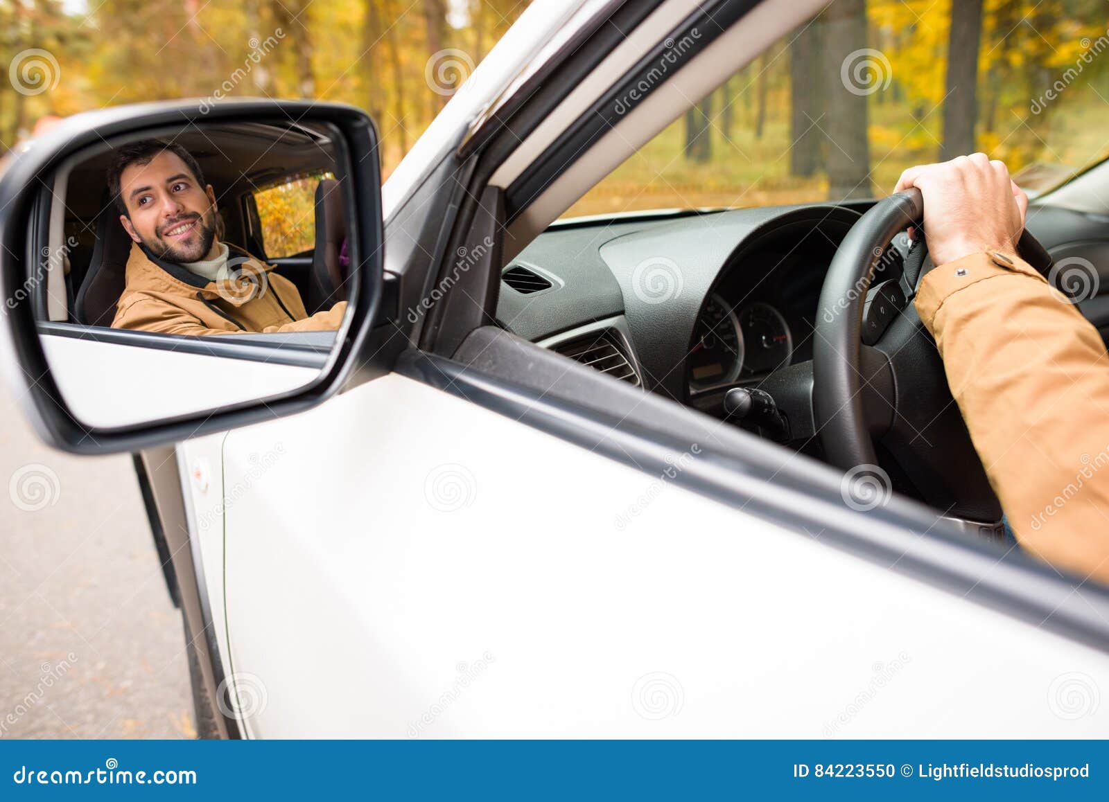 Smiling Driver Reflected in Car Mirror Stock Photo - Image of plants ...