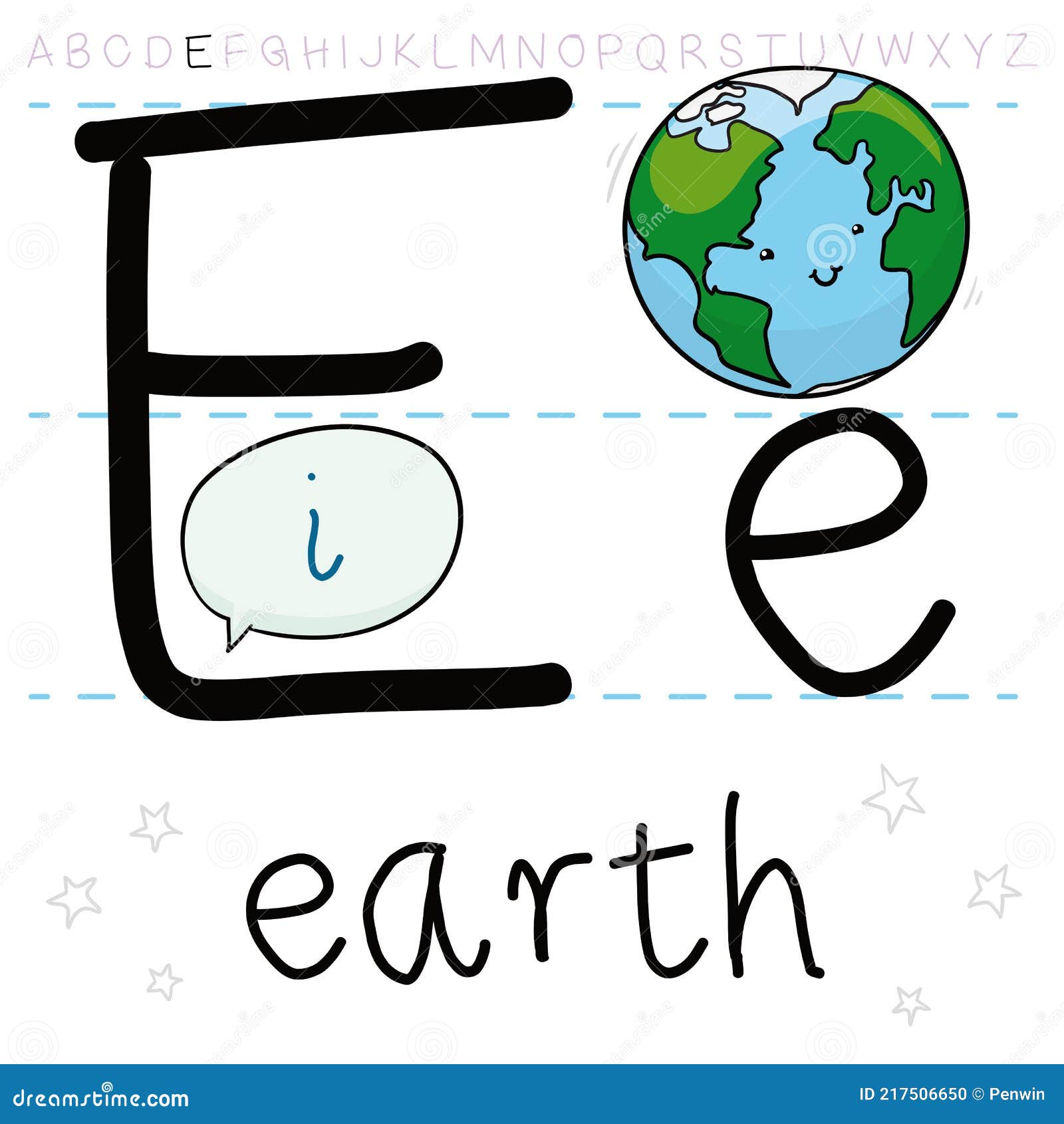 Smiling Earth Planet Learning the Letter E of Alphabet, Vector ...