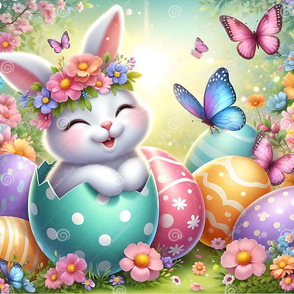 A Smiling Easter Bunny Emerges from a Pastel Easter Egg. Stock Image ...