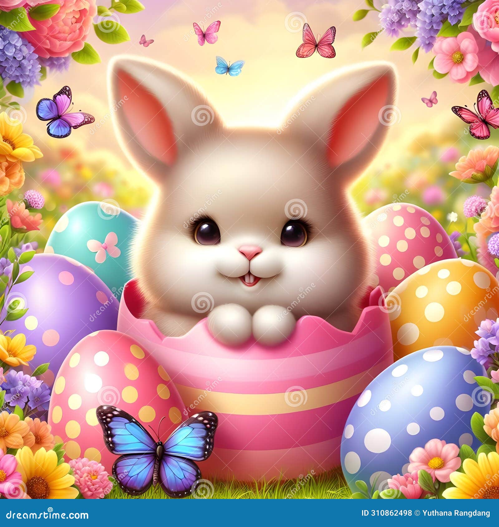 A Smiling Easter Bunny Emerges from a Pastel Easter Egg. Stock ...