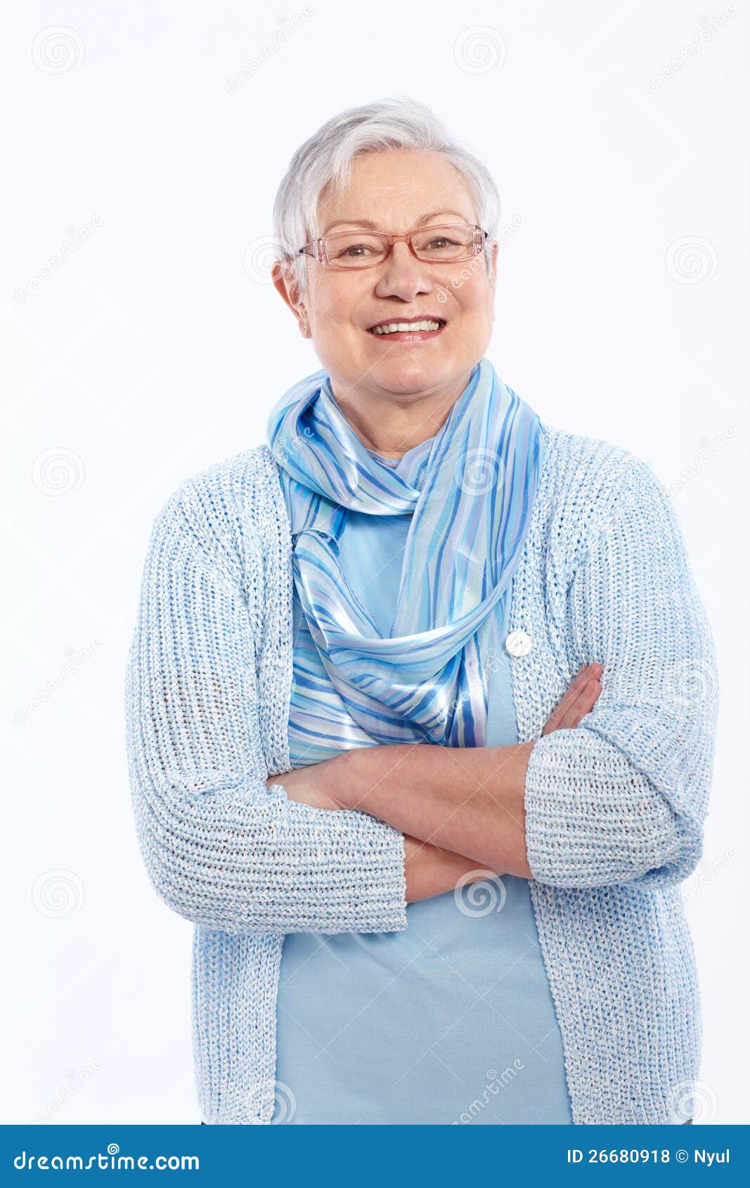 Smiling Elderly Lady Standing Arms Crossed Stock Photo - Image of face ...