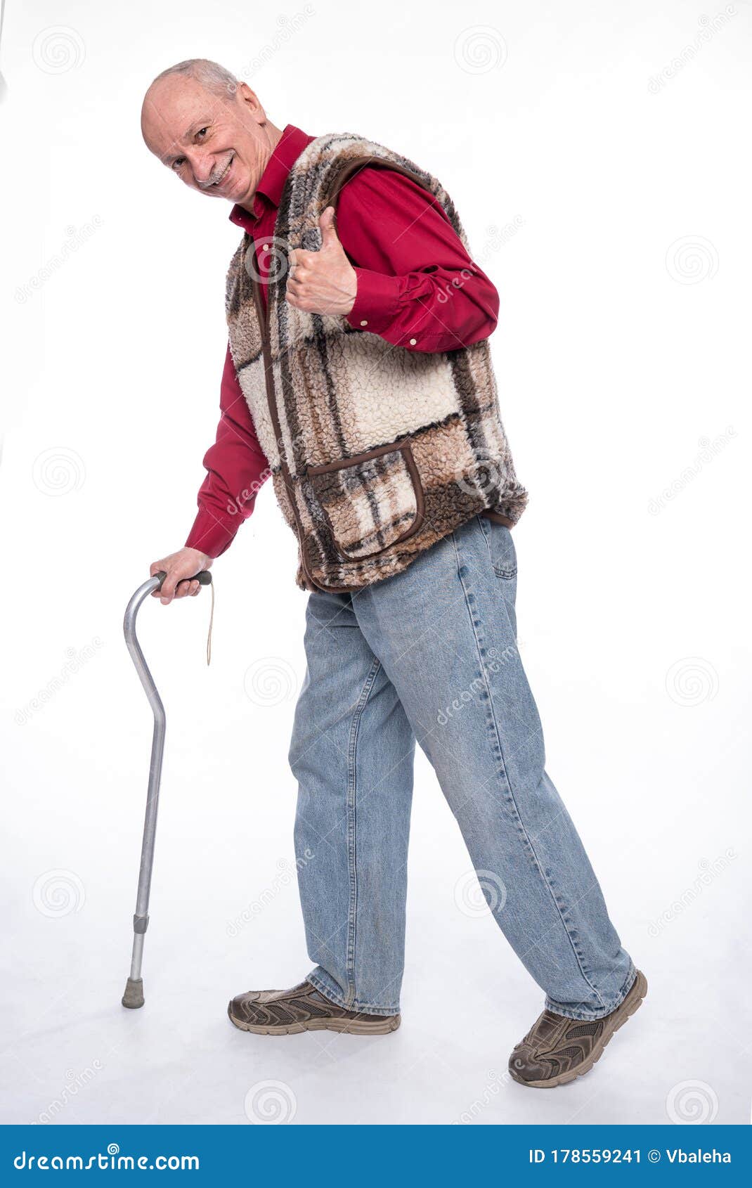 Smiling Elderly Man with a Cane Posing in Studio Stock Image - Image of ...