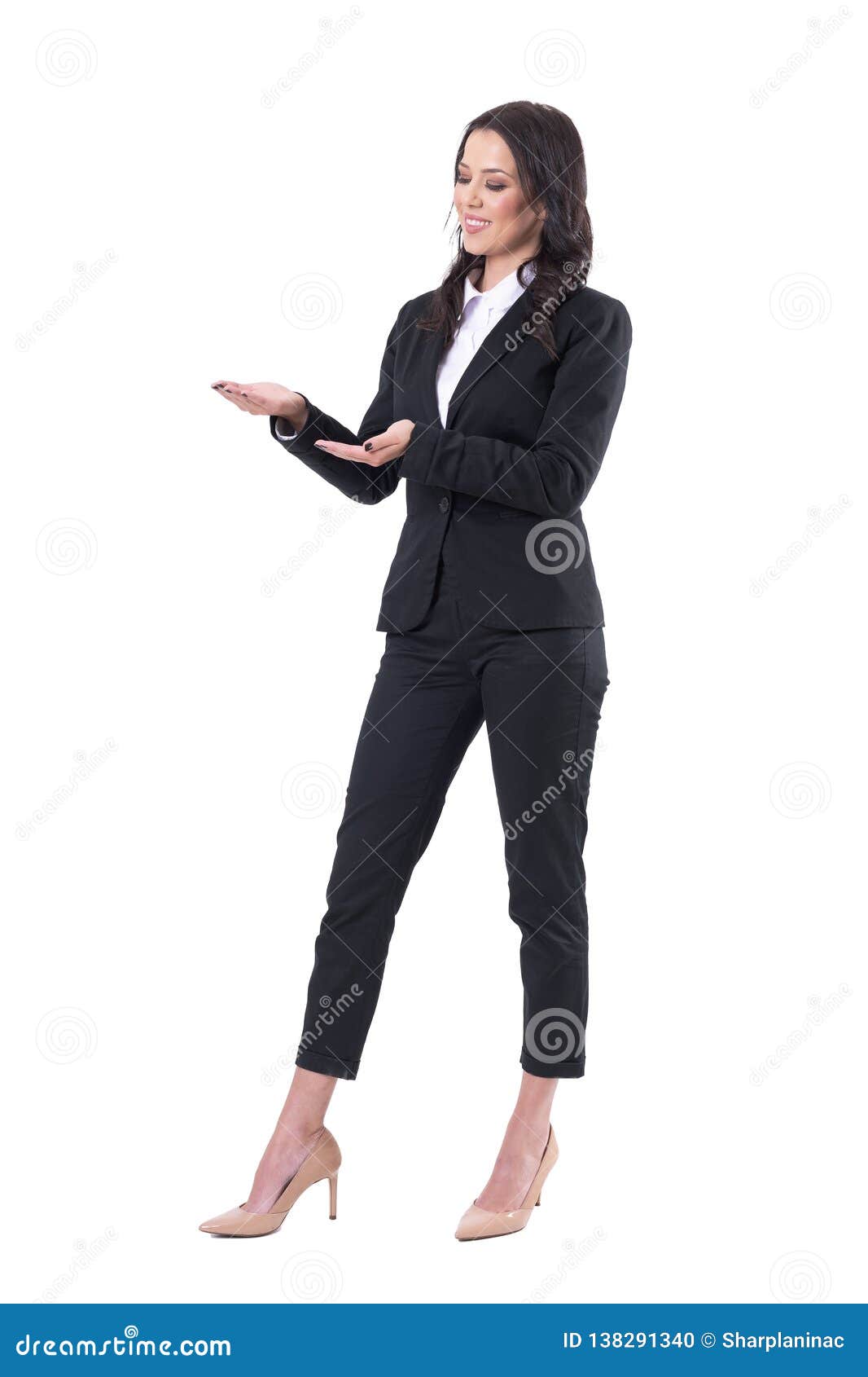 Smiling Elegant Business Woman in Black Formal Suit Presenting ... Smiling Elegant Business Woman in Black Formal Suit Presenting ...