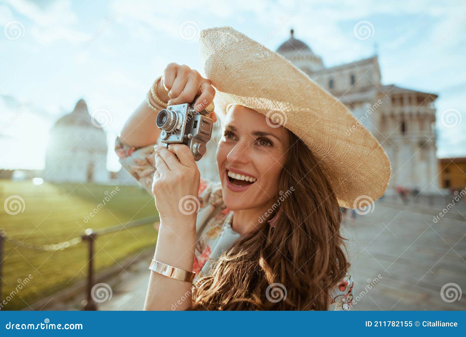 Smiling Elegant Solo Tourist Woman in Floral Dress Stock Image - Image ... Smiling Elegant Solo Tourist Woman in Floral Dress Stock Image - Image ...