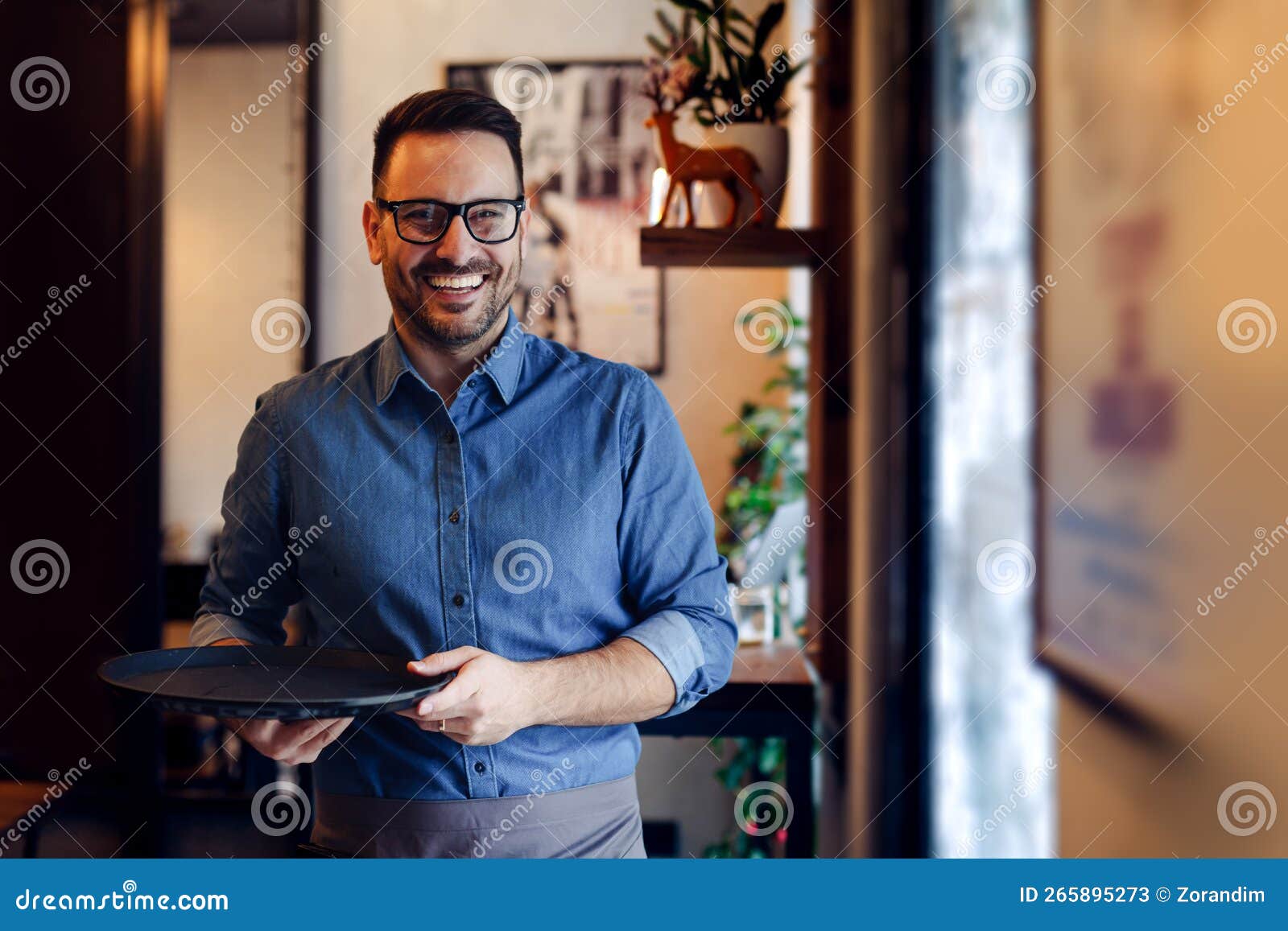 Smiling Elegant Waiter is Holding a Tray Stock Image - Image of drink ...