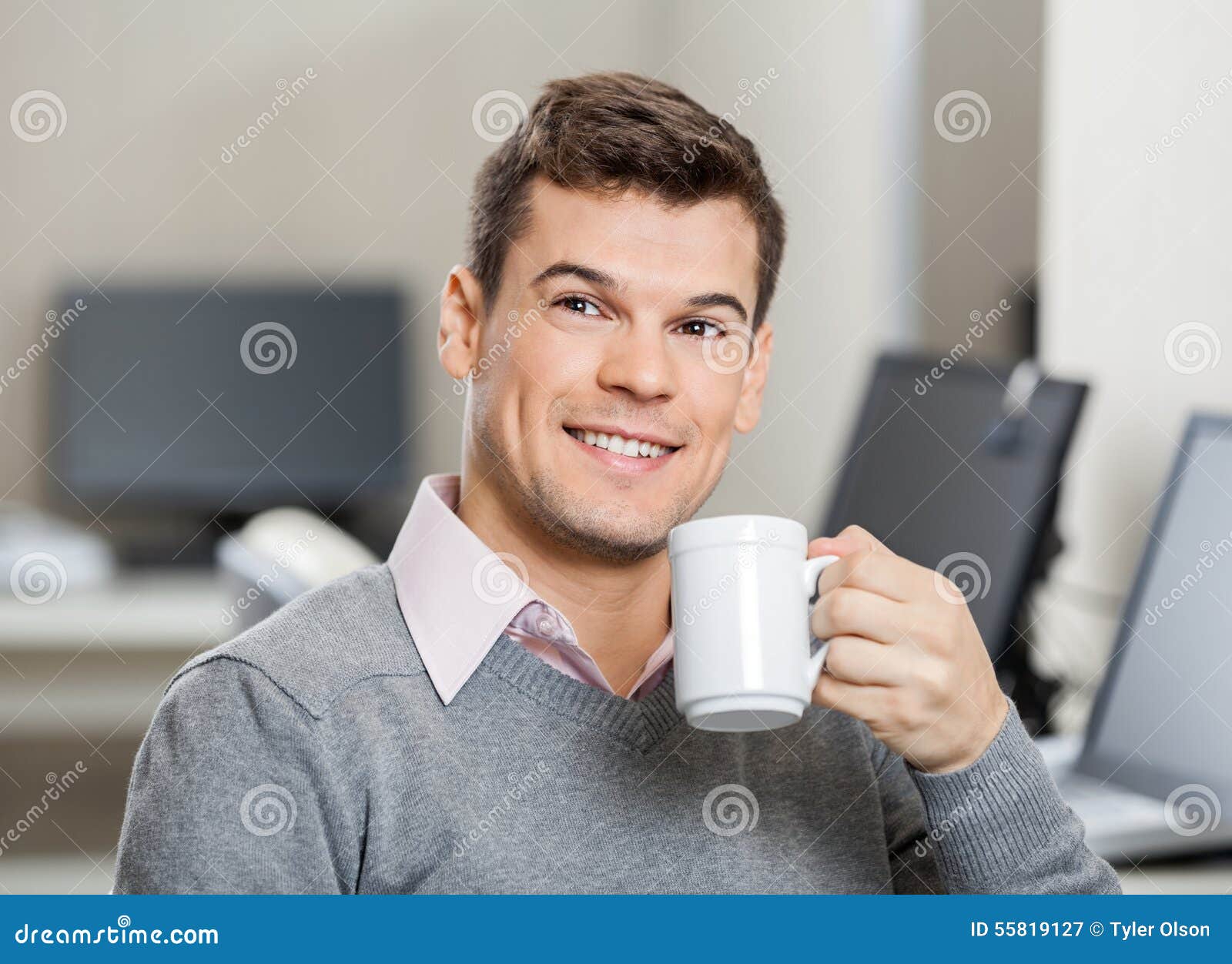 Smiling Employee Having Coffee in Call Center Stock Image - Image of ...