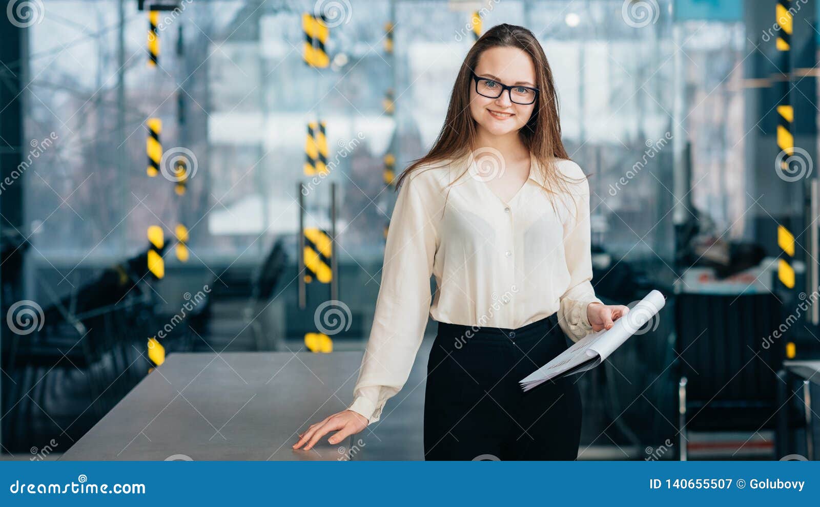 Smiling Employee Intern Workplace Hold Documents Stock Image - Image of ...