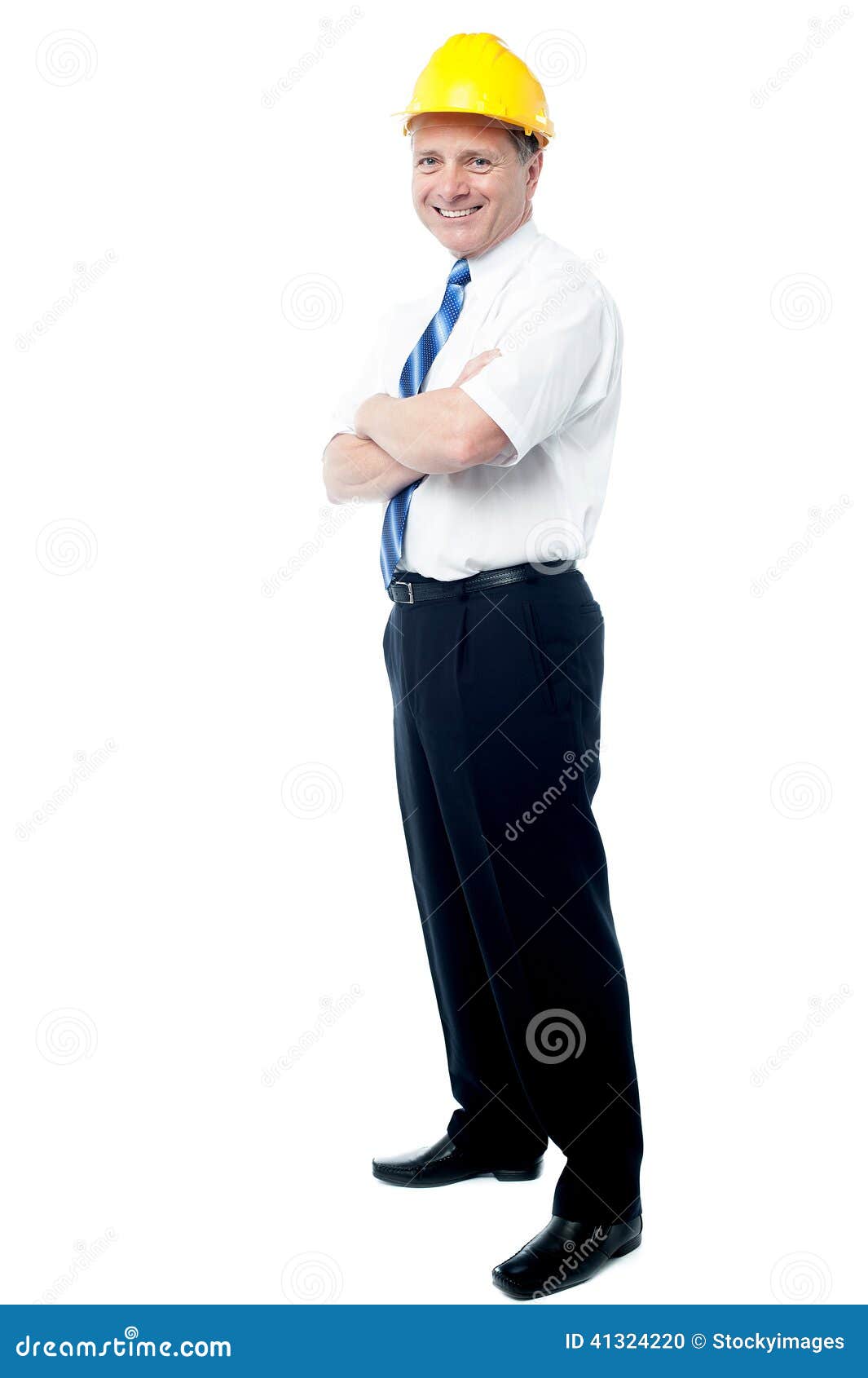 Smiling Engineer Against White Background Stock Photo - Image of folded ...