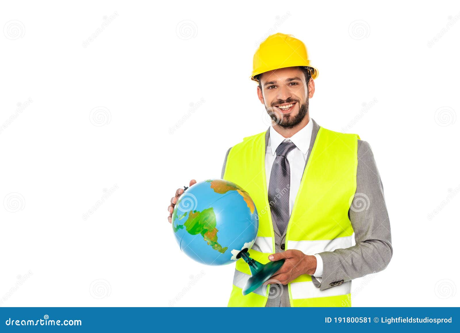 Smiling Engineer in Formal Wear and Hardhat Holding Globe Stock Image ...