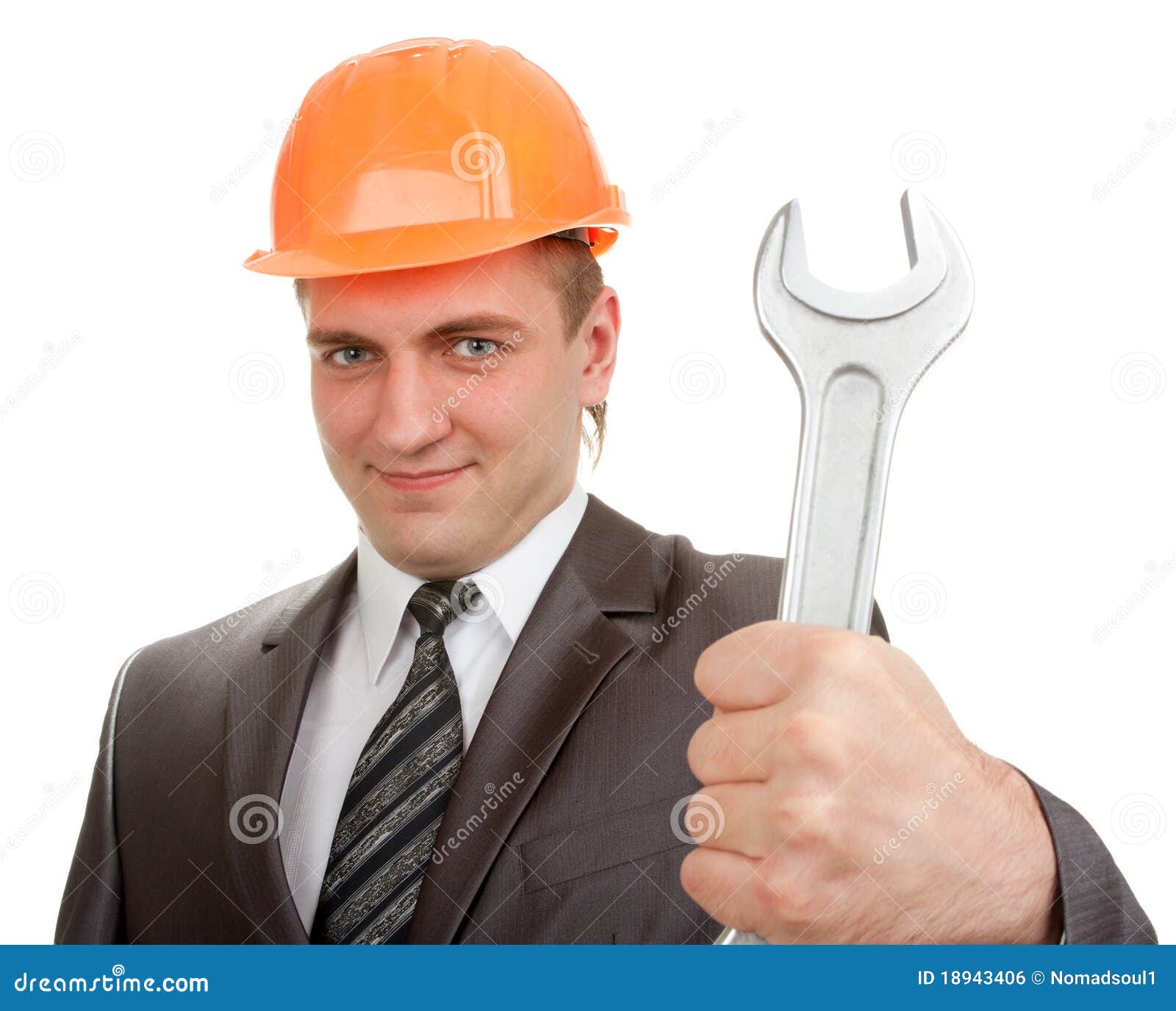 Smiling Engineer in Hardhat with Spanner Stock Photo - Image of ...