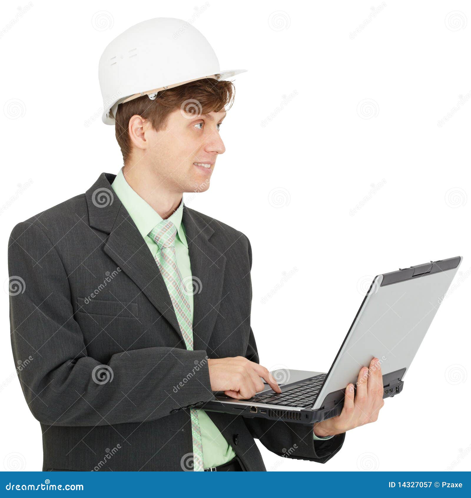 Smiling Engineer in Helmet with Laptop in Hands Stock Image - Image of ...