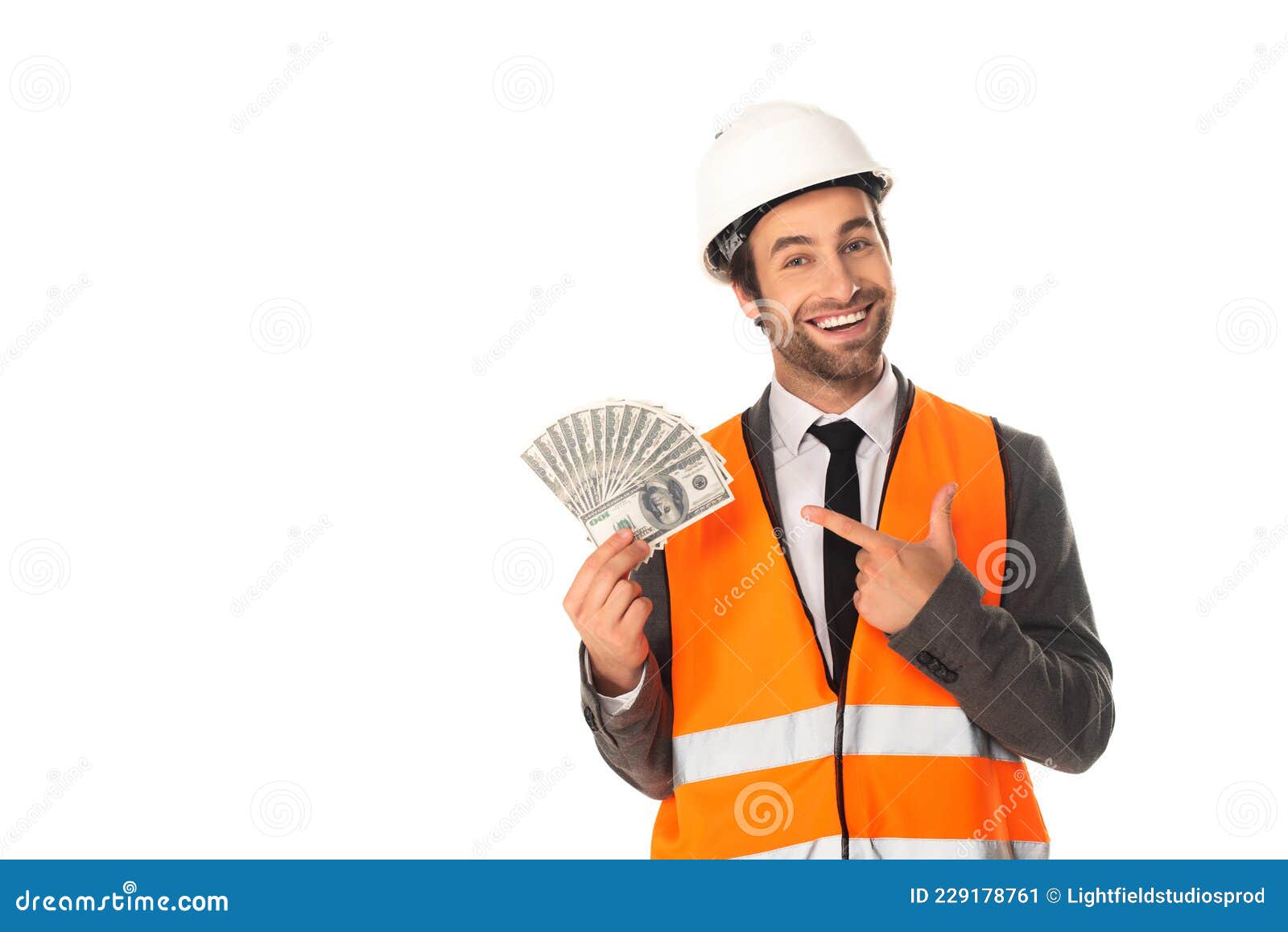 Smiling Engineer Pointing at Dollars Isolated Stock Image - Image of ...
