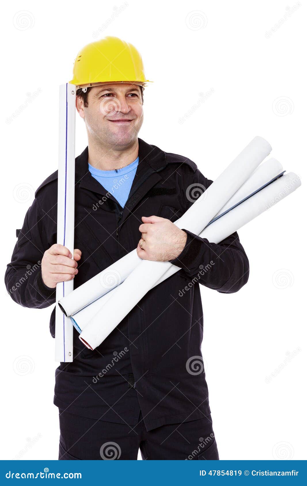 Smiling Engineer with Rolls of Paper in Hand Stock Image - Image of ...