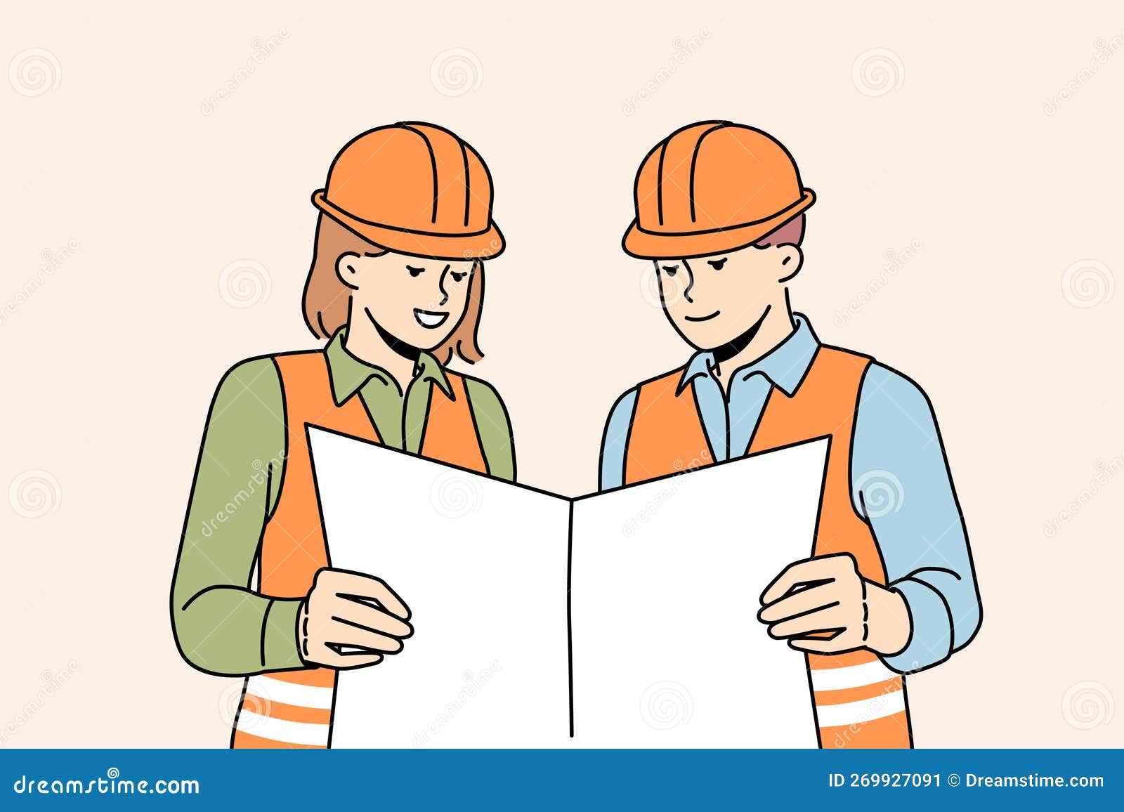 Smiling Engineers Study Blueprint Together Stock Vector - Illustration ...