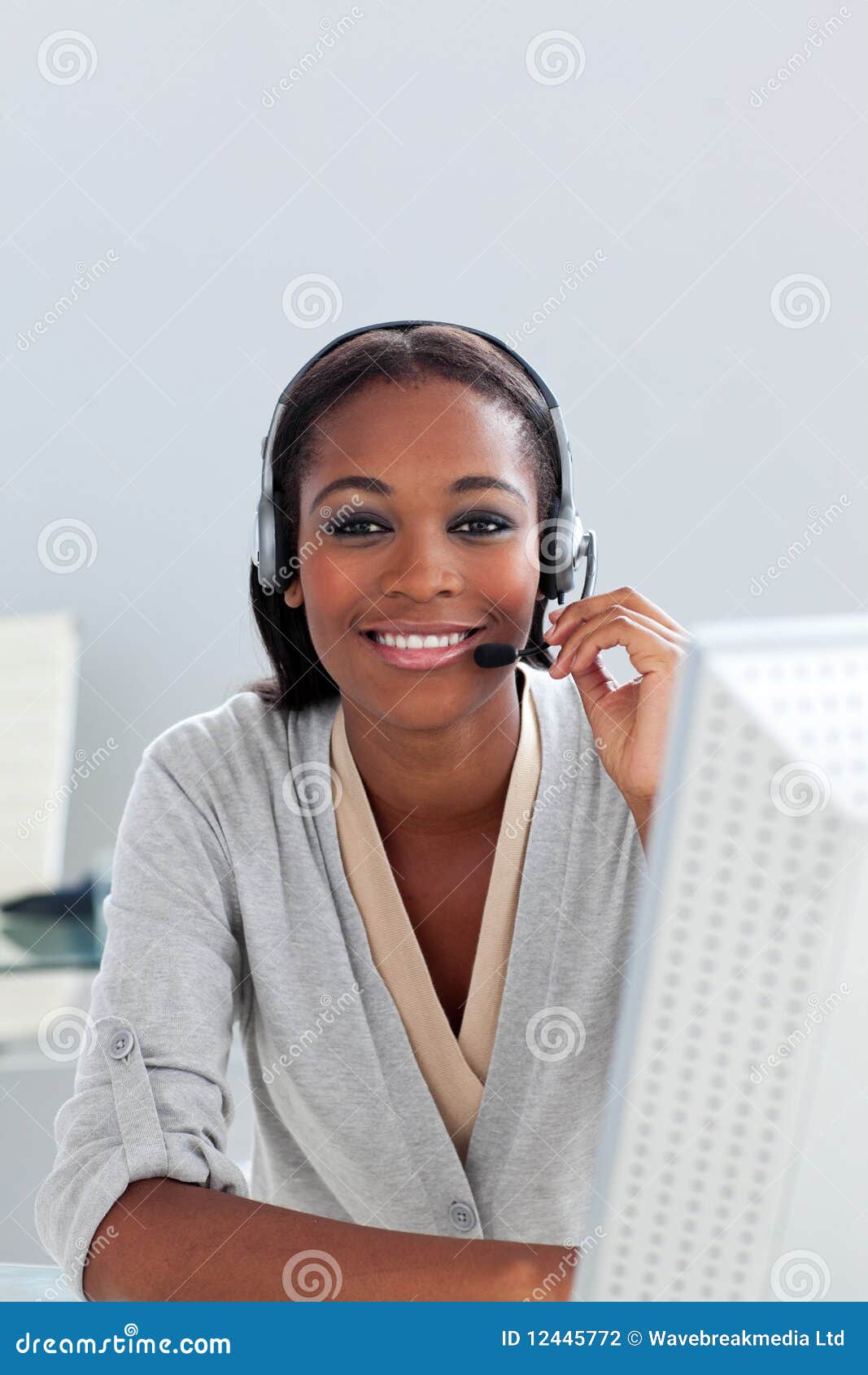 Smiling Ethnic Customer Agent with Headset on Stock Photo - Image of ...
