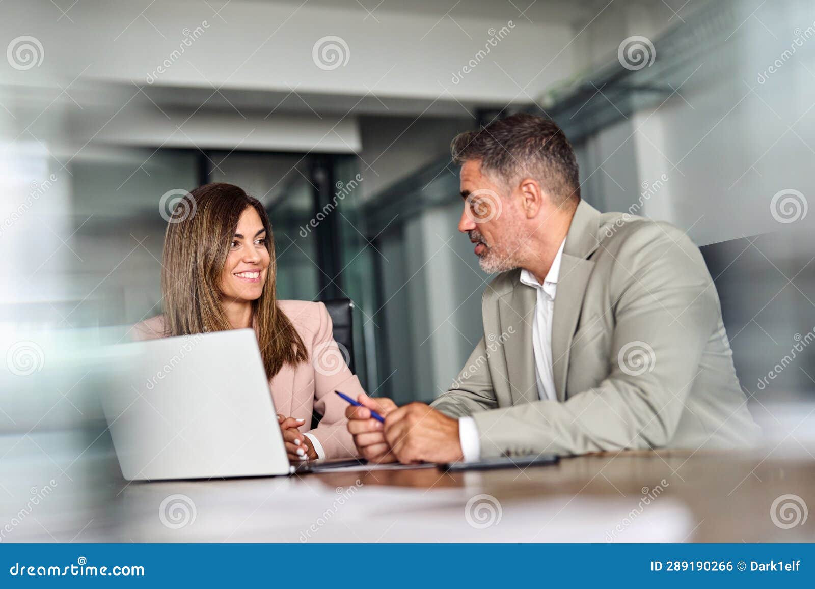 2 Smiling Executives Using Laptop Discussing Work at Office Meeting ...