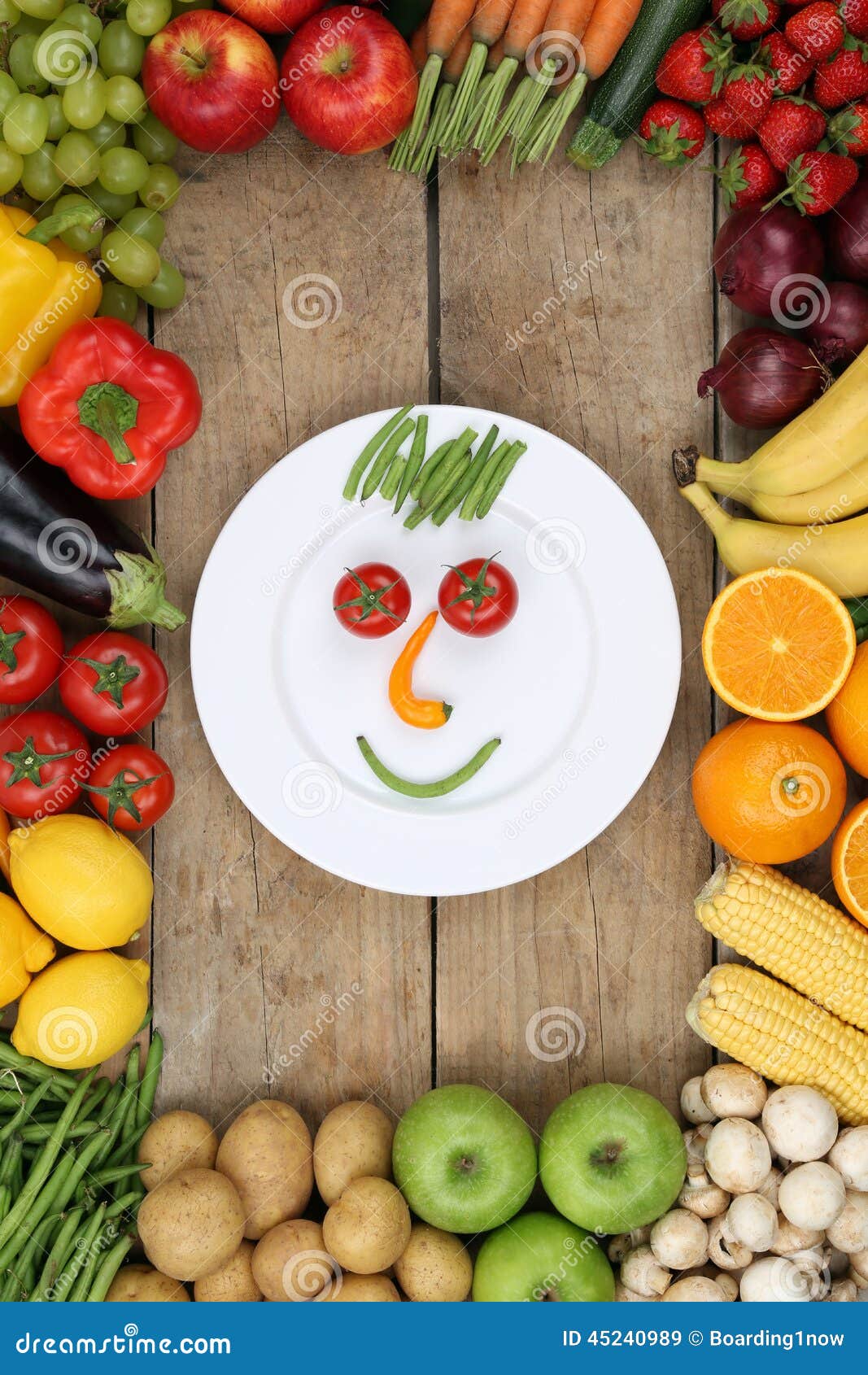 Smiling Face from Vegetables and Fruits on Plate with Tomatoes a Stock ...