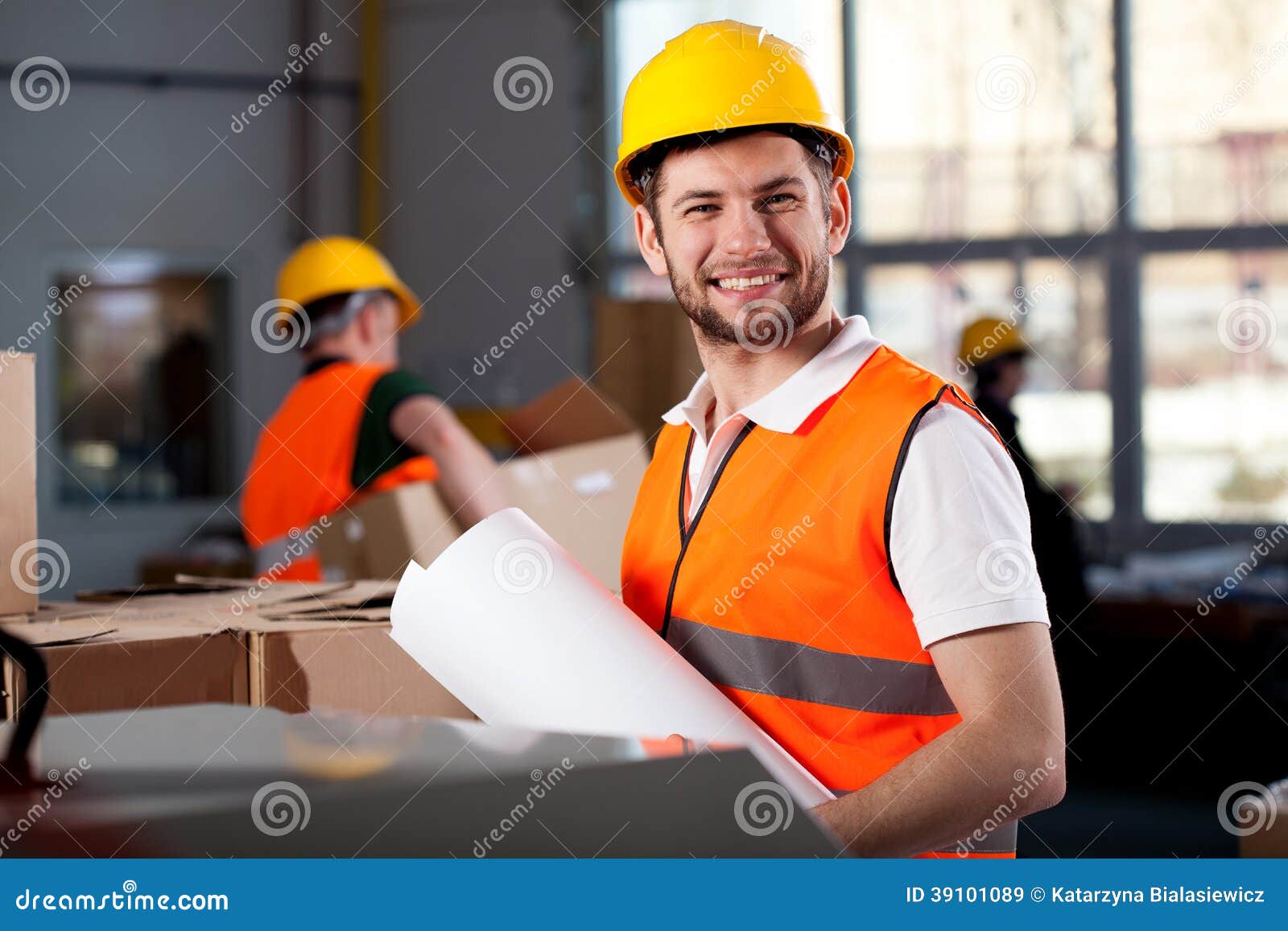 Smiling factory worker stock image. Image of boxes, plans - 39101089