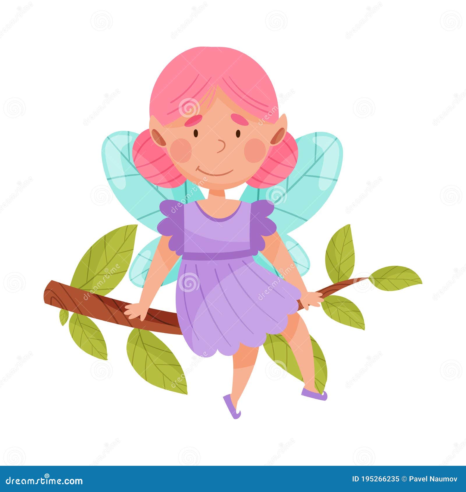 Smiling Fairy or Pixie with Wings Sitting on Tree Branch Vector ...
