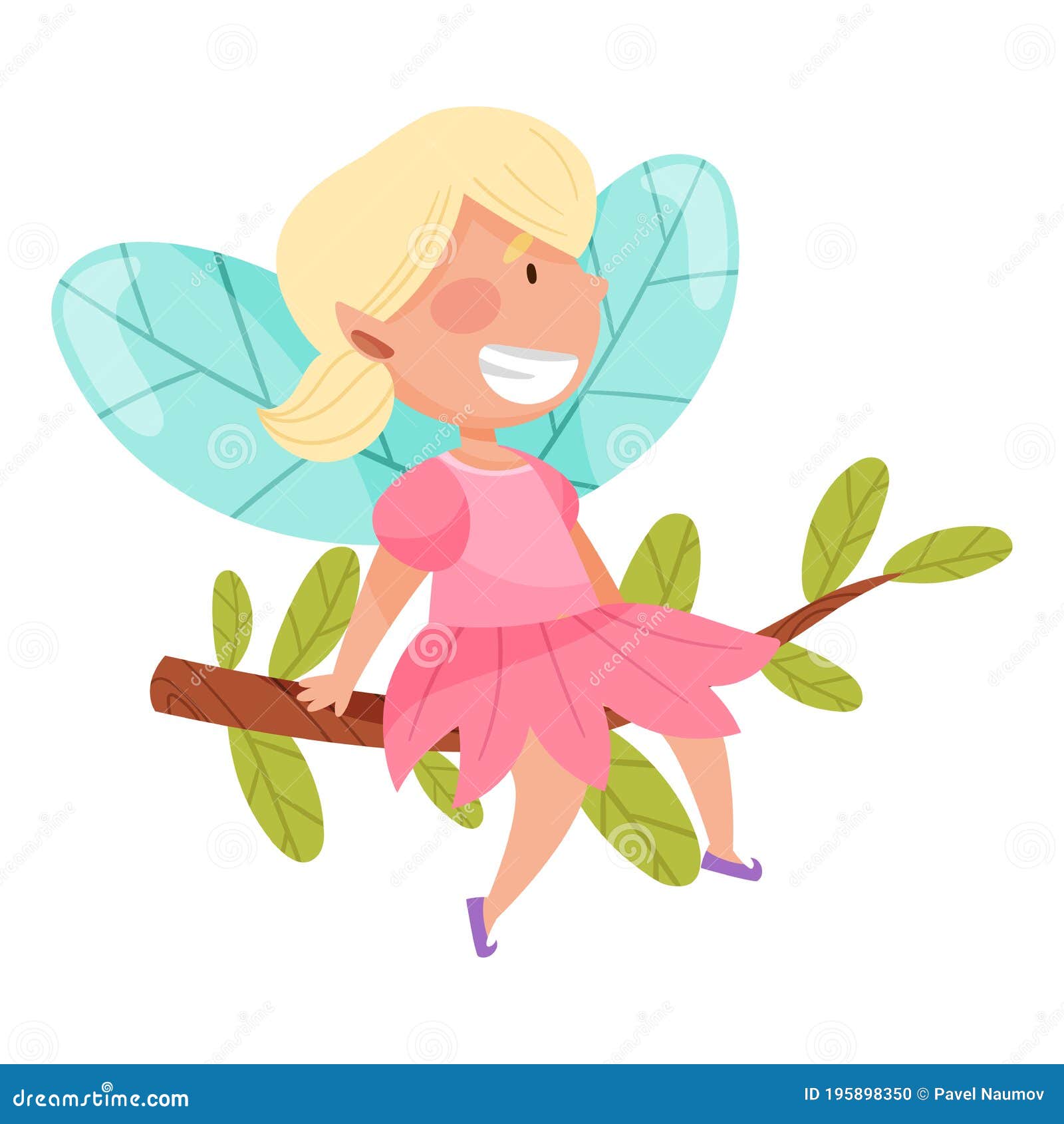 Smiling Fairy or Pixie with Wings Sitting on Tree Branch Vector ...