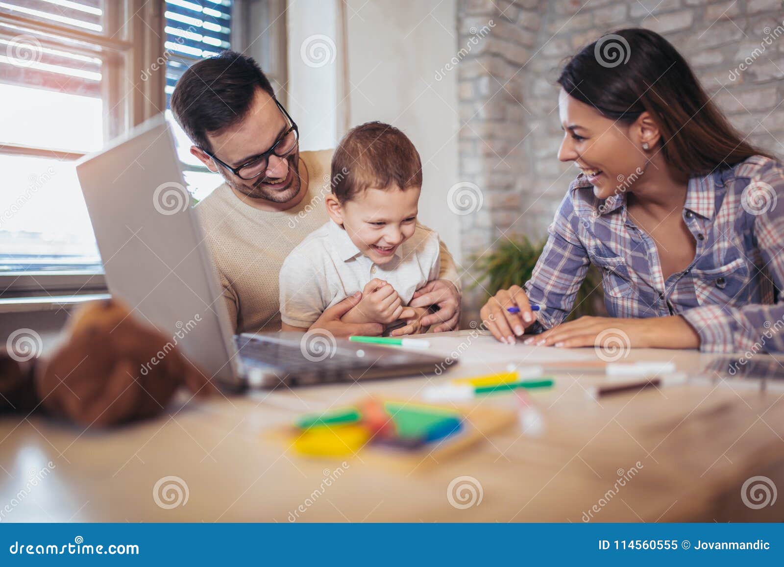 Smiling Family Drawing Together Stock Image - Image of indoors, little ...