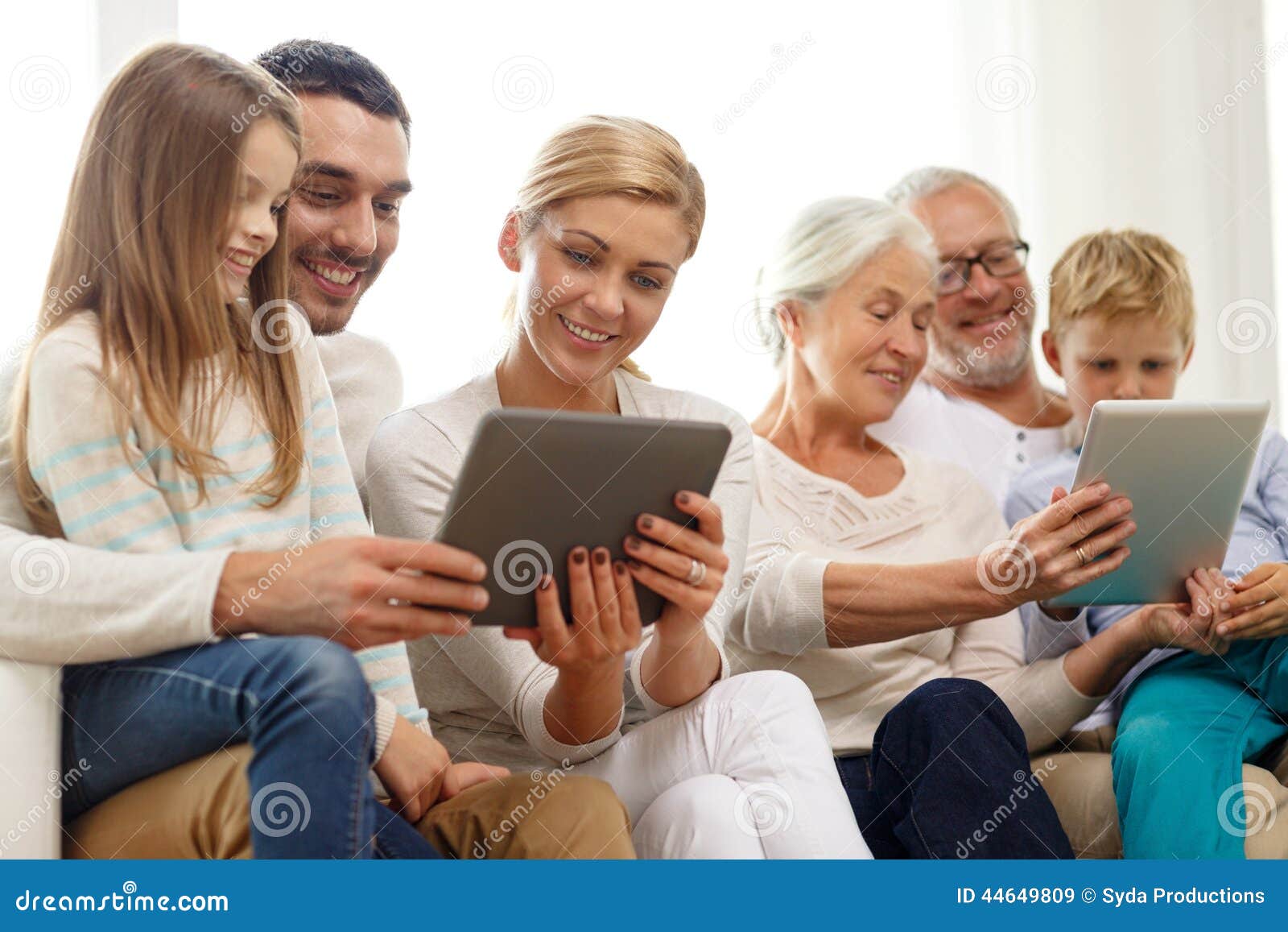 Smiling Family with Tablet Pc at Home Stock Image - Image of leisure ...