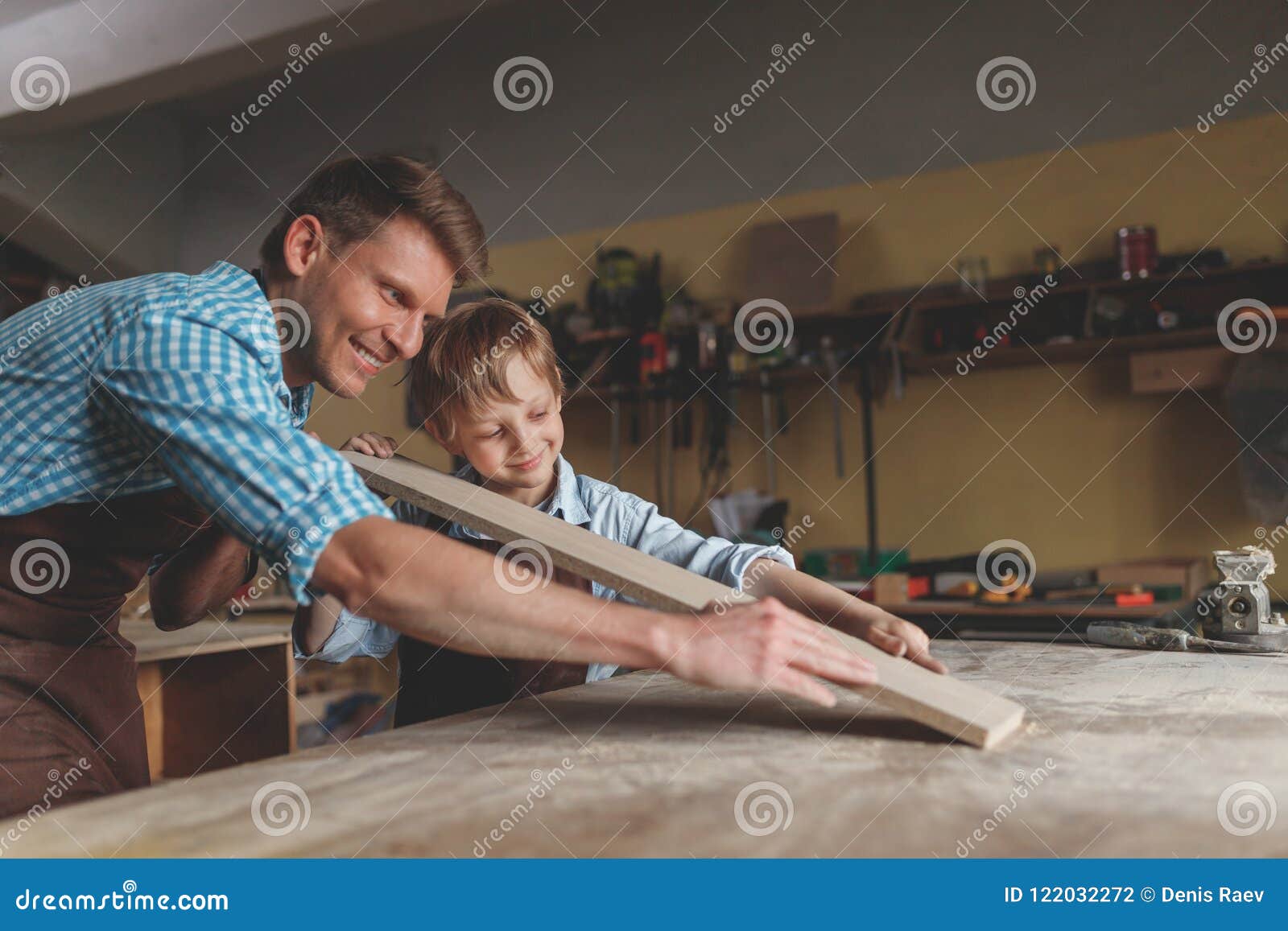 Smiling Father and Son in Carpentry Stock Photo - Image of wood ...