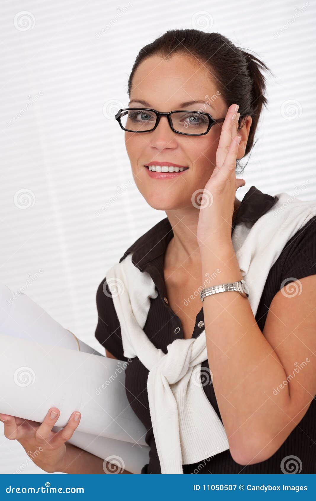 Smiling Female Architect Holding Plans and Glasses Stock Image - Image ... Smiling Female Architect Holding Plans and Glasses Stock Image - Image ...