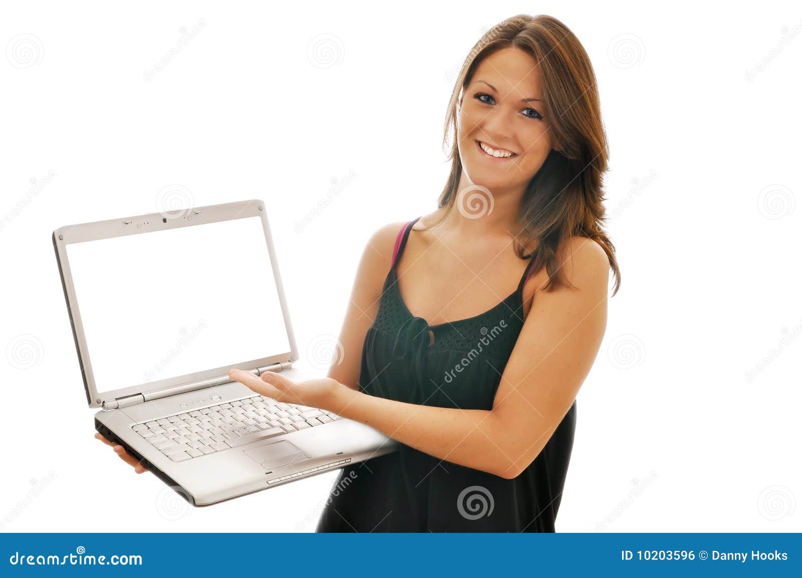 Smiling Female Brunette with Computer Isolated Stock Photo - Image of ...
